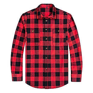 J.VER Men's Buffalo Plaid Shirt Flannel Casual Button Down Long Sleeve Shirts Red Large