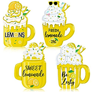 4 Pcs Lemon Tabletop Mug Sign Decor Lemon Table Decor Summer Lemon Tiered Tray Decor Farmhouse Wood Tiered Tray Decor Kitchen Standing Sign for Home Decor