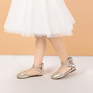 PANDANINJIA Girls Gold Dress Shoes Flats Wedding Party School Toddler Little Kids Ankle Strap Ballet Flats Sandals(Gold, 2 M US Little Kid)