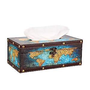 Sumnacon Tissue Box Cover Rectangle Wooden Tissue Box with Lid, Vintage Tissue Box Holder with Retro Pattern, Rustic Tissue Cover for Bathroom Toilet Living Room Table Desk Office Decor,Green Map