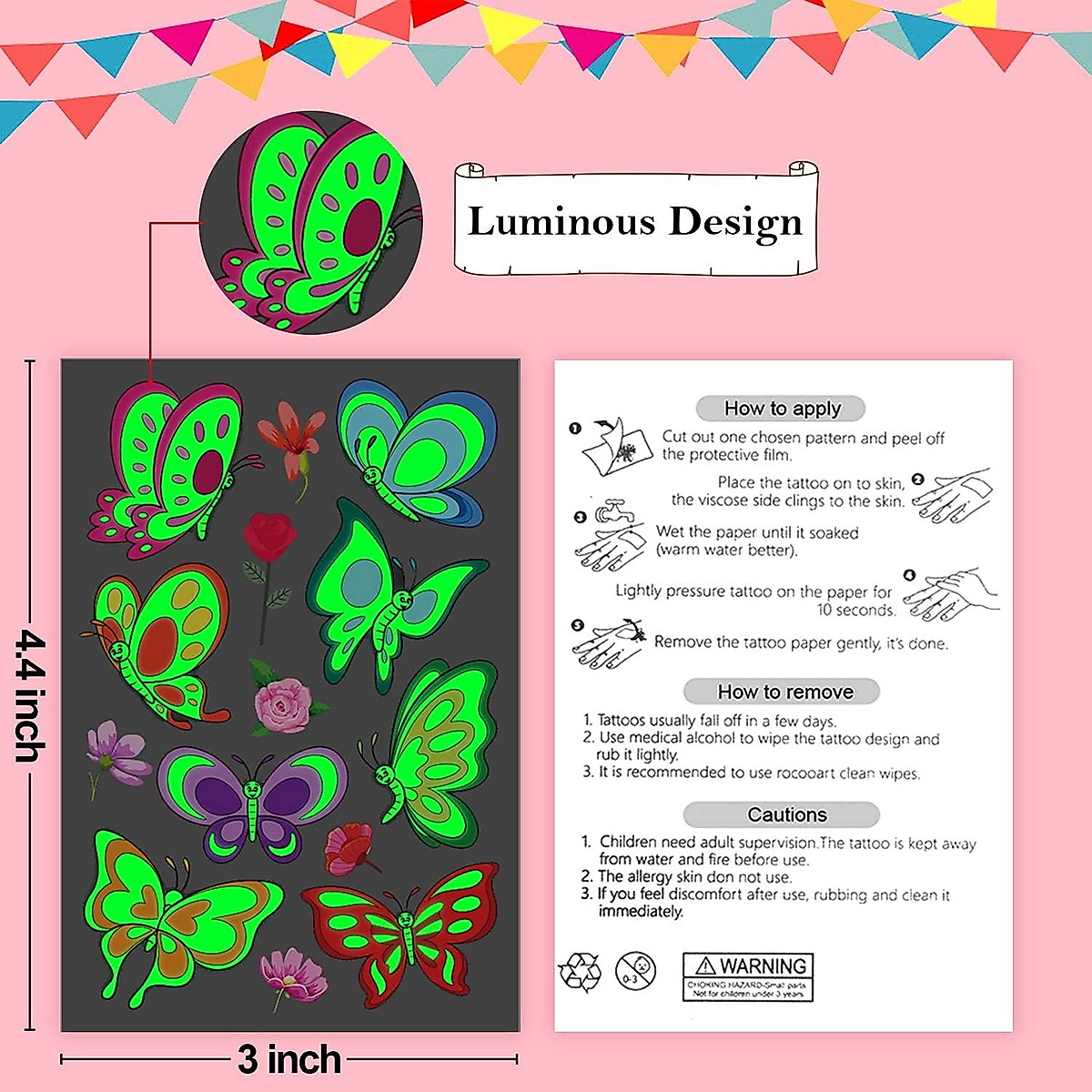 123 Styles Temporary Tattoos for Kids Girls,Fake Butterfly Dinosaur Tattoo Stickers for Kids,Birthday Party Supplies Favors for Kids Glow Makeup in the Dark