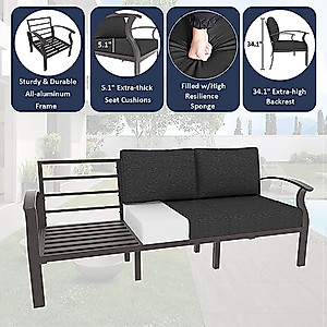 ALAULM Aluminum Patio Furniture Set with Propane Fire Pit Table 9-seat Metal Outdoor Furniture w/Fire Pit Patio Sectional w/5.1" Cushions for Patio, Backyard, Poolside-Black
