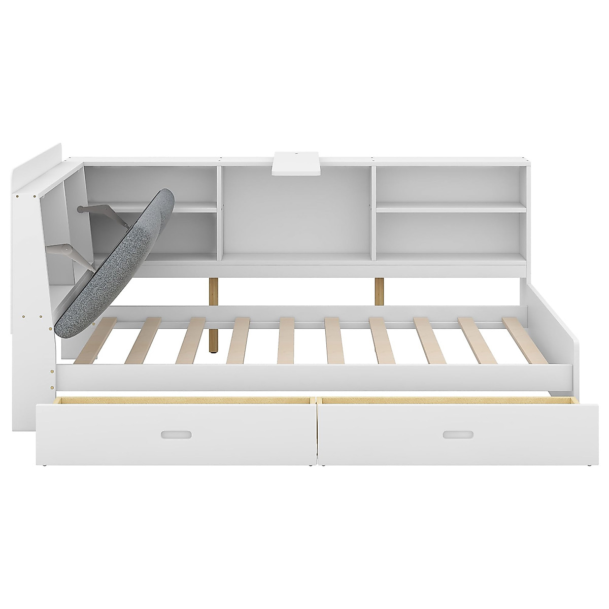 VilroCaz Twin Size Platform Bed with L-Shaped Storage Shelves and Upholstered Headboard, Solid Wood Daybed Frame with 2 Drawers and Rotatable Storage Board, Maximize Space (White-25)