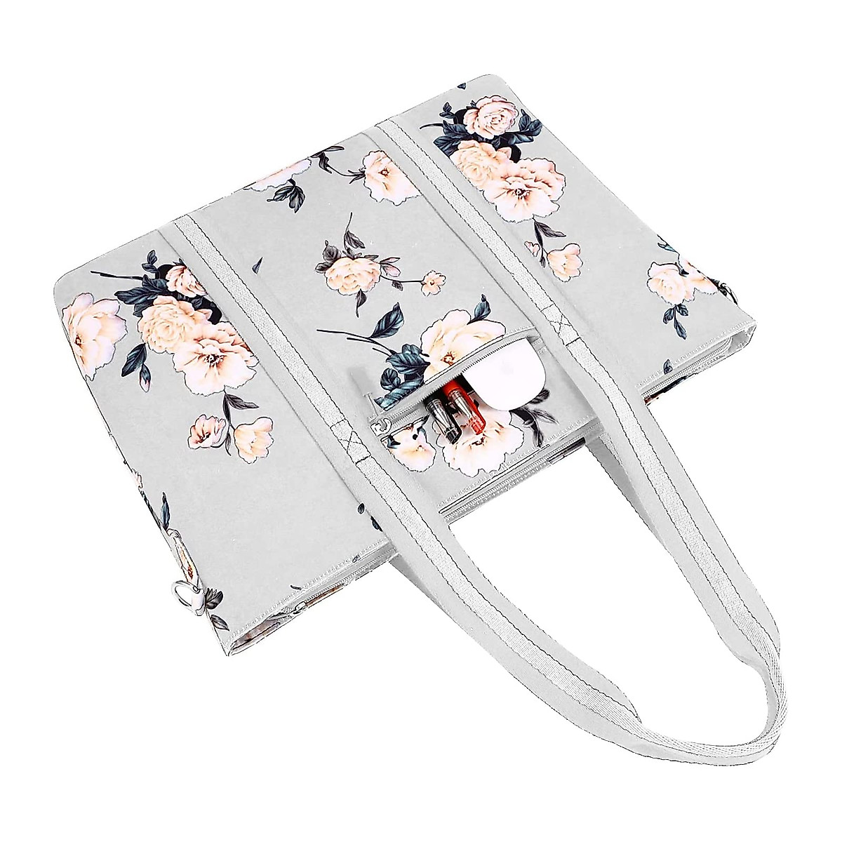 MOSISO Laptop Tote Bag for Women (17-17.3 inch), Canvas Camellia Multifunctional Work Travel Shopping Duffel Carrying Shoulder Handbag, Grey