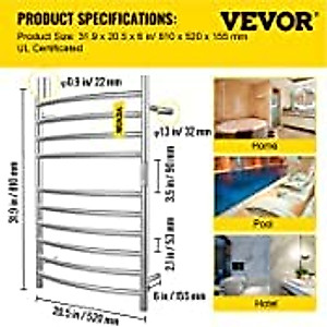VEVOR Heated Towel Rack, 10-Bar Curved Design, Wall-Mounted Electric Towel Drying Rack with Built-in Timer, Polishing Brushed Stainless Steel for Bath, Plug-in/Hardwired, UL Certified, Silver