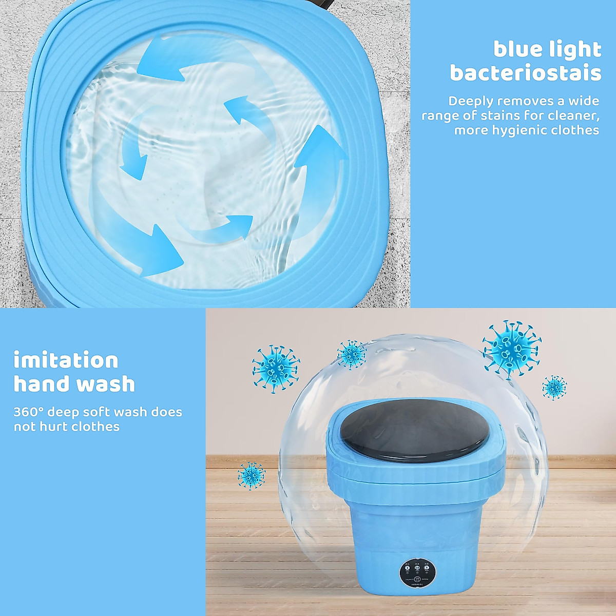 Twira 6.5L Portable Washing Machine, Foldable Small Washer, Mini Washing Machine with 3 Modes with Blue Light, Compact Laundry Machine for Apartment, RV, Dormitory, Travel (Blue)