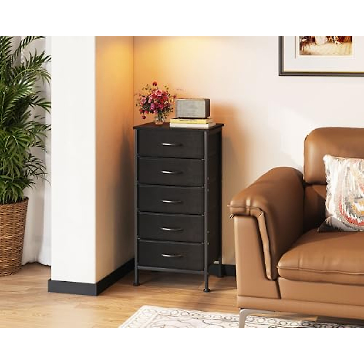 AODK Dresser for Bedroom with 5 Storage Drawers, 31" Small Dresser Chest of Drawers Fabric Dresser with Sturdy Steel Frame, Black