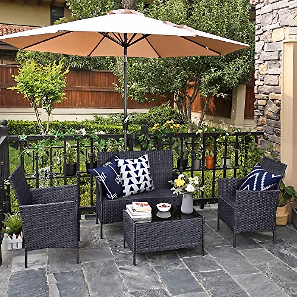 Adabana Set of 4 Outdoor Waterproof Boho Throw Pillow Covers 18 X 18 Inches,Blue and White Geometric Pillow Coves Decorative Cushion Cases Outdoor Throw Pillows for Patio Furniture Garden