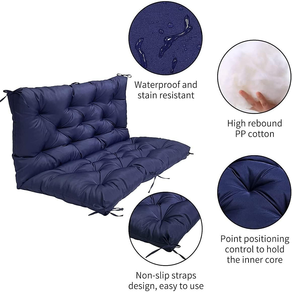 Swing Cushions 3 Seater Replacement Waterproof Porch Swing Cushions with Backrest and 8 Ties Thicken 4" Bench Cushion Replacement Patio Swing Cushion for Outdoor Furniture(Navy Blue 60x40in)