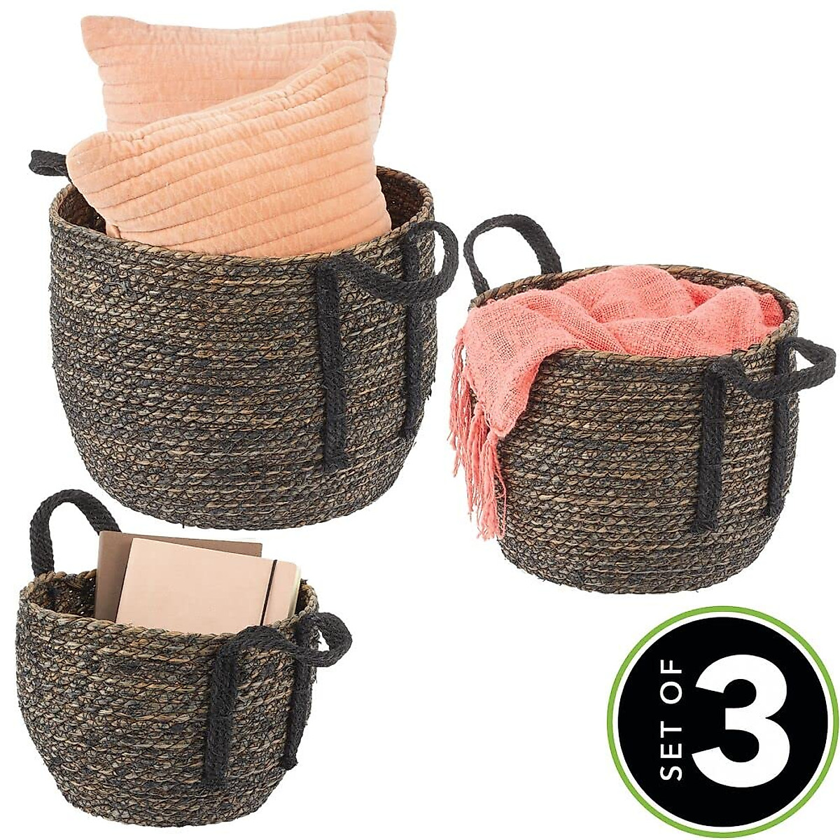 mDesign Round Braided Seagrass Woven Storage Basket with Jute Handles - Rope Weave Circle-Shaped Basket Bin for Shoe Storage in Entryway, Organizing Playroom Toys, and Laundry - Set of 3 - Black Wash