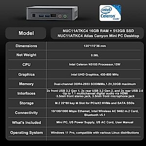 Intel NUC 11, NUC11ATKC4 Mini PC 16GB DDR4 RAM & 512GB SSD Versatile Computers with Intel Celeron N5105 Processor, Support HDMI Dual 4K UHD/Bluetooth v5.2/Windows 11 Pro preinstalled
