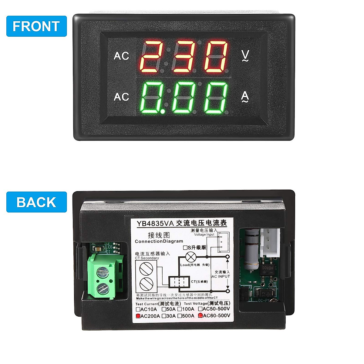 Volt Amp Meter 500V 200A Voltmeter Voltage and Current Meter Digital Dual Display, 0.39 Inches LED 2 in 1 Multimeter, 2-Wire Voltage Amperage Tester Gauge with Current Transformer (2)