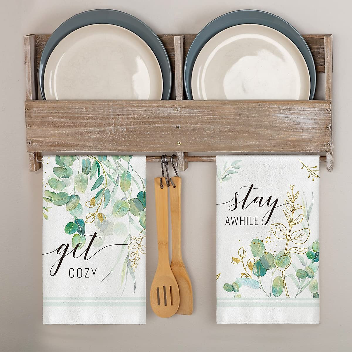 Artoid Mode Eucalyptus Get Cozy Stay Awhile Kitchen Towels, 18 x 26 Inch Holiday Spring Summer Wedding Daily Fingertip Towel Tea Bar Hand Drying Cloth Kitchen Bathroom Gift Set of 2