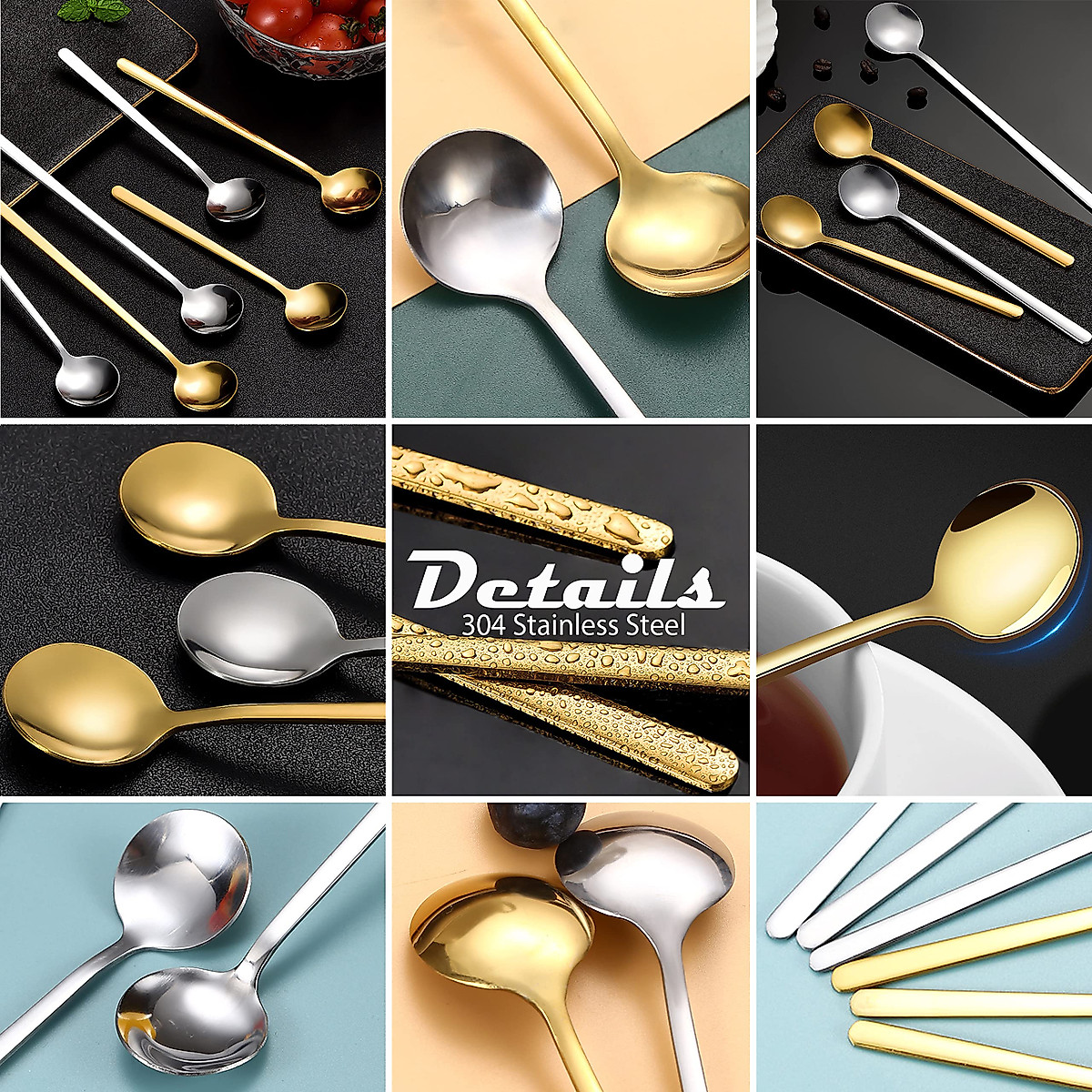 9 PCS Coffee Spoons Espresso Teaspoon, PBIEHSR Stainless Steel Tea Spoon Two Different Lengths Dessert Spoons for Stirring Drink Mixing Milkshake (Gold)