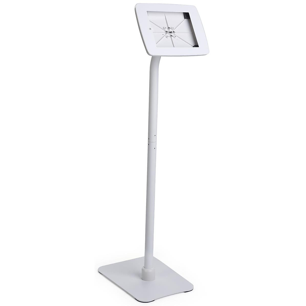 Displays2go White Retail Stand for iPad, Steel & ABS Plastic, Rotating & Tilting, Covered Home Button – White (TABFLWH)