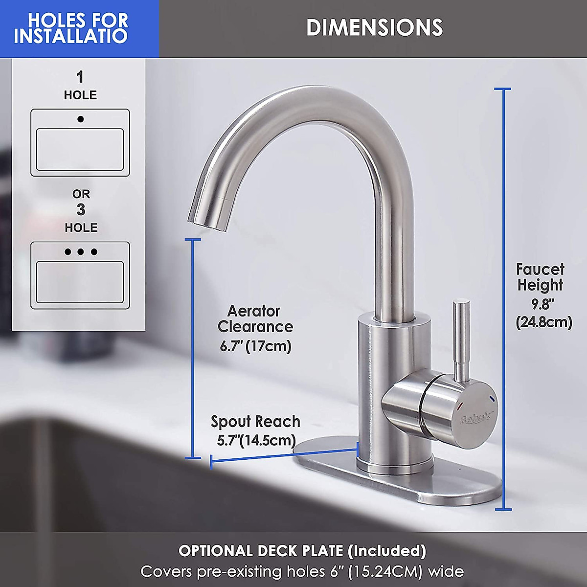 BEHOK Wet Bar Sink Faucet Single Hole Stainless Steel 1 Handle Small Modern Kitchen Tap Prep Sink Bath Bathroom Mixer