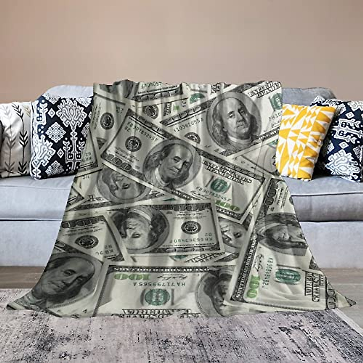 Dollars Bill Print Throw Blanket for Couch Bed Flannel Lap Blanket Lightweight Cozy Plush Blanket for All Seasons 50"x70"