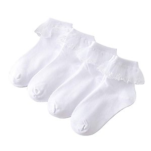 4 Pairs Toddler Baby Girls Lace Princess Socks Cotton Ruffled Solid Ankle Socks White 1-4T