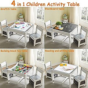 Kids Table and Chair Set, 3 in 1 Wooden Activity Table with Storage Drawer for Toddlers Drawing, Reading, Crafts, Play, 2 in 1 Detachable Tabletop Table and Chair Set for Home, Nursery, Playroom