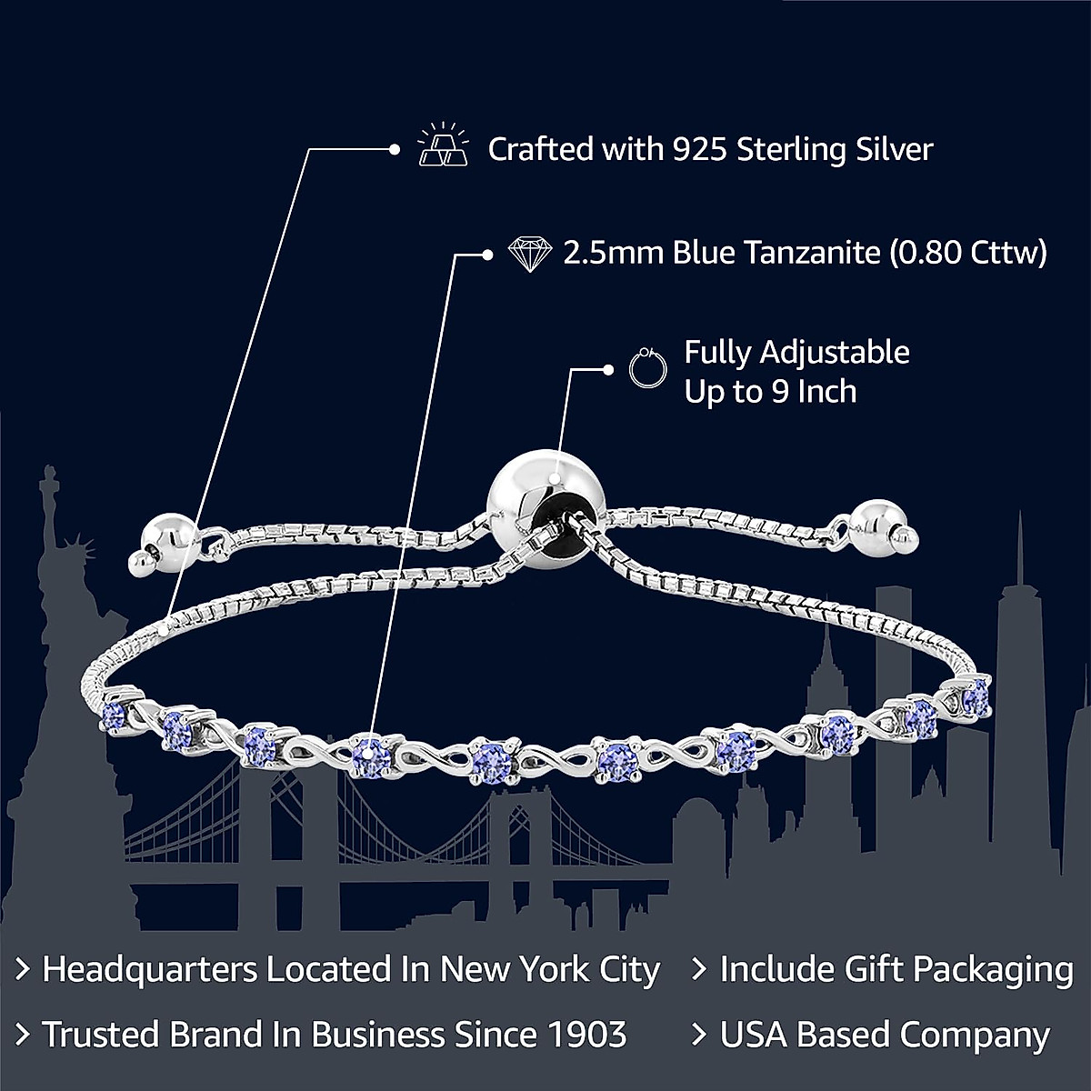 Gem Stone King 925 Sterling Silver 2.5MM Round Gemstone Birthstone Tennis Bracelet | Fits Up To 9 Inch Wrist | Adjustable Bolo Bracelet For Women | Easy-On Easy-Off