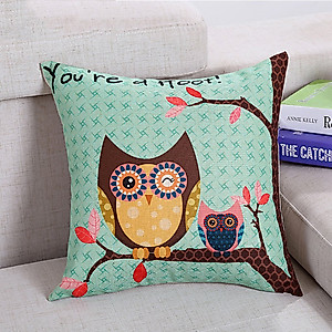 Bursonvic Cartoon Pattern Throw Pillow Case Cushion Cover Square Home Farmhouse/Modern Decorative Cotton Linen Pillowcase for Sofa/Bench/Couch (Owl Father-Son, 18" x 18")
