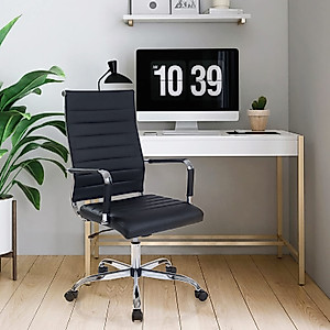 Office Desk Chair with Wheels, Beatmart INC Ergonomic Black Leather Conference Room Chairs Height Adustable | Ribbed High Back | Swivel Rolling Task Chair