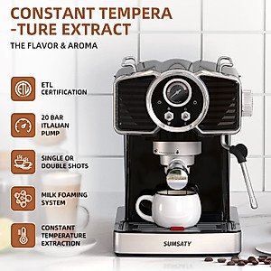 SUMSATY Espresso Coffee Machine 20 Bar, Retro Espresso Maker with Milk Frother Steamer Wand for Cappuccino, Latte, Macchiato, 1.8L Removable Water Tank, ETL Listed, Coffee Spoon, Vintage Black