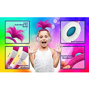 eKids Trolls World Tour Poppy Kids Headphones, Glow in The Dark, Stereo Sound, 3.5mm Jack, Wired Headphones for Kids, Tangle-Free, Volume Control, Childrens Headphones Over Ear for Travel (140)