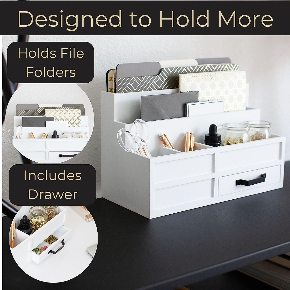 Blu Monaco White Desktop Organizer with Drawer & Pen Holder - Desk Organizers and Storage - Paper Organizer - Wood Bill Organizer for Desk - Mail Holder for Office Desk Organization Art Supply Storage