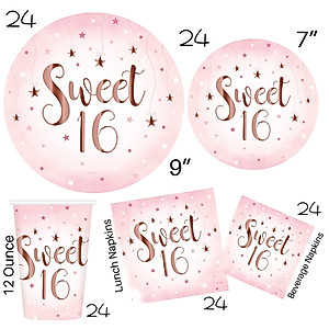 Sweet 16 Rose Gold Birthday Party Supplies, Serves 24 Guests, Includes Cups, Plates, Napkins, Table Covers, Happy Birthday Banner, Cake Topper, Balloons, and Candle, Essentials for 16th Birthday Party