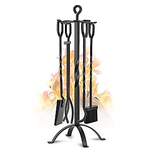 Gtongoko Fireplace Tools Set 5 Pieces 32 Inch Modern Black Wrought Iron Large Fire Tool Set for Outdoor/Indoor Include Chimney Poker, Tongs, Shovel, Brush and Stand Accessories Set