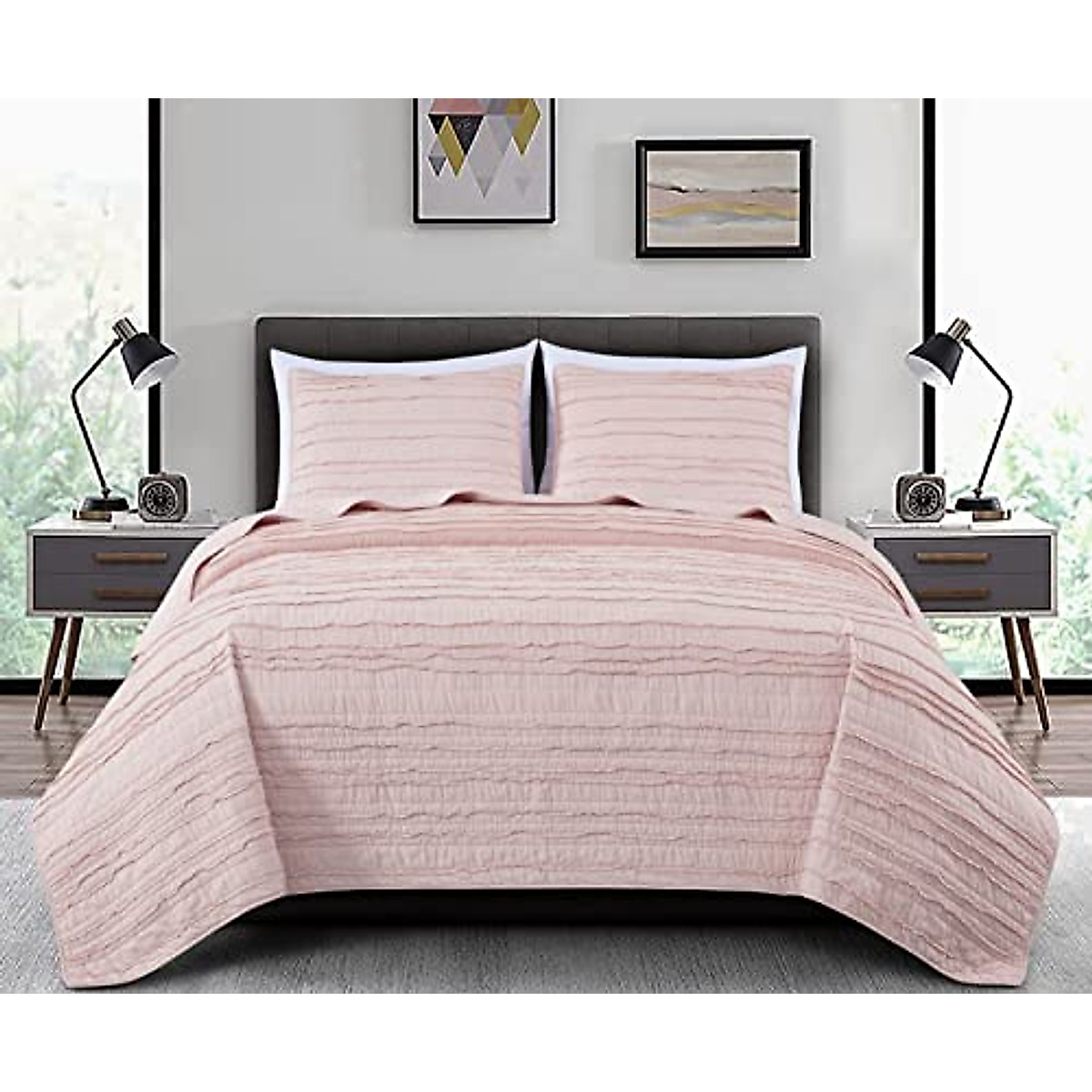 Chezmoi Collection Katy 3-Piece Frayed Edge 100% Washed Cotton Quilt Set - Soft-Finished Lightweight Bedspread All Season Bedding, King, Blush