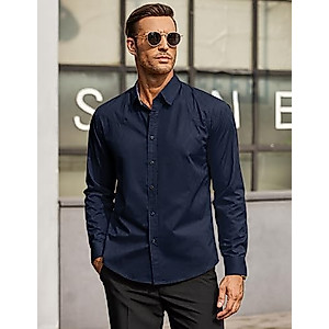 COOFANDY Mens Shirt Slim Fit Dress Business Plaid Button Down Collar, Navy Blue, Large, Long Sleeve