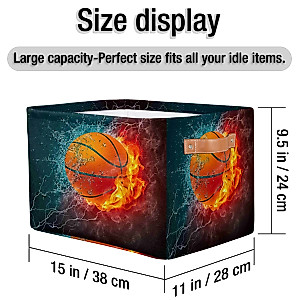 Firey Basketball Storage Basket Cube Sport Ball Large Toys Storage Box Bin with Handle Collapsible Closet Shelf Cloth Organizer for Nursery Bedroom,15x11x9.5 in,1 Pack