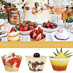 Kucoele 100 Pack 2 oz Mini Dessert Cups with Spoons, Gold Glitter Plastic Serving Cups for Small Appetizers Parfaits Puddings Fruits Yogurts and Tastings