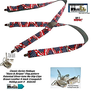1 1/2" Wide Classic Series Stars & Stripes XS Holdups Suspenders for Men in X-back style w/USA Patented No-slip® Silver Clips