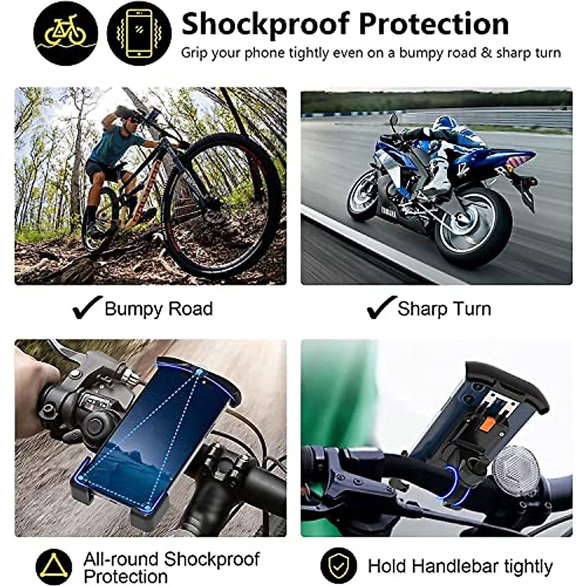 Asunby Bike Phone Holder Motorcycle Phone Mount Motorcycle Handlebar Cell Phone Clamp Scooter Phone Clip for iPhone 14 Plus / Pro Max, 13 Pro Max, S9, S10 and More 4.7" - 6.8" Smartphones