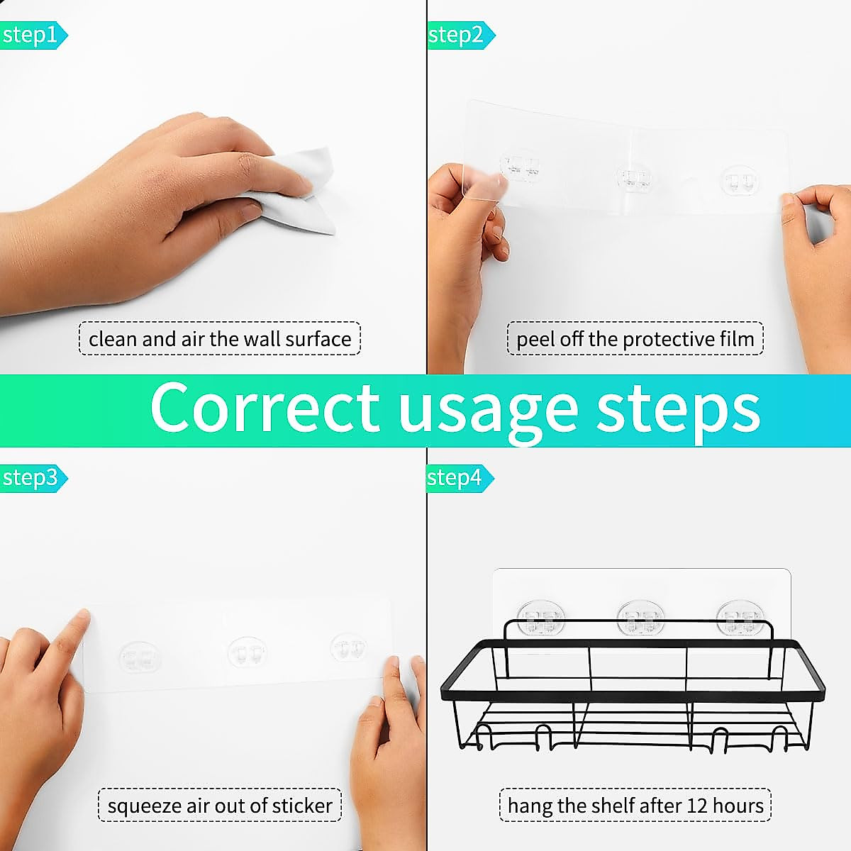Quadafy 4 Pcs Corner Shower Caddy Adhesive Replacement Hook, No Drilling Strong Transparent Adhesive for Shower Caddy, Bathroom Storage Shelves, Kitchen Racks, Wall Mount Sticker Strips Pads