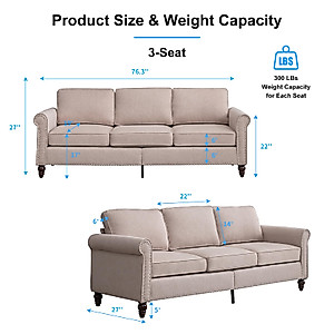 PUREMIND Sofa Couch Set, 3 Seat Couches for Living Room Mid Century Modern Couch with Solid Wood Frame Linen sectional Couch Sofa for Home for Office for Apartment Beige