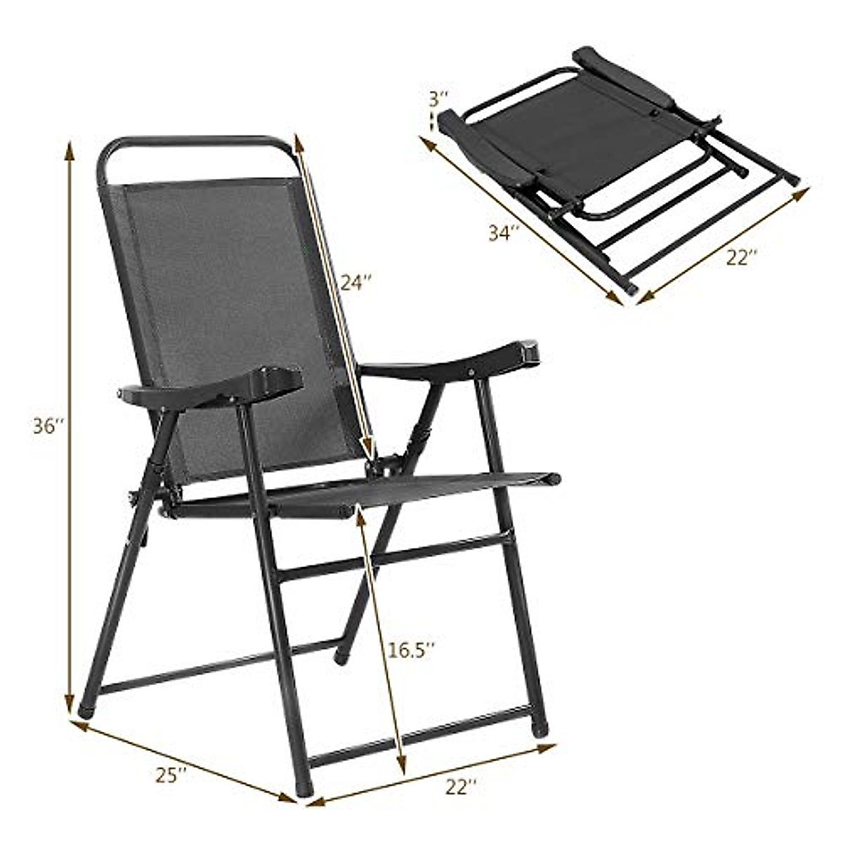 Safstar Folding Sling Chairs, Patio Furniture Chair Set with Armrest for Lawn Garden (Dark Gray 4PCS)