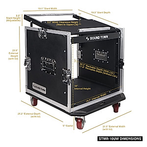 Sound Town Enhanced 1/2" (12mm) Plywood 10U PA DJ Pro Audio Rack/Road ATA Case with 11U Slant Mixer Top, 20’’ Rackable Depth and Casters, 10 Space Size, Pro Tour Grade (STMR-10UW)