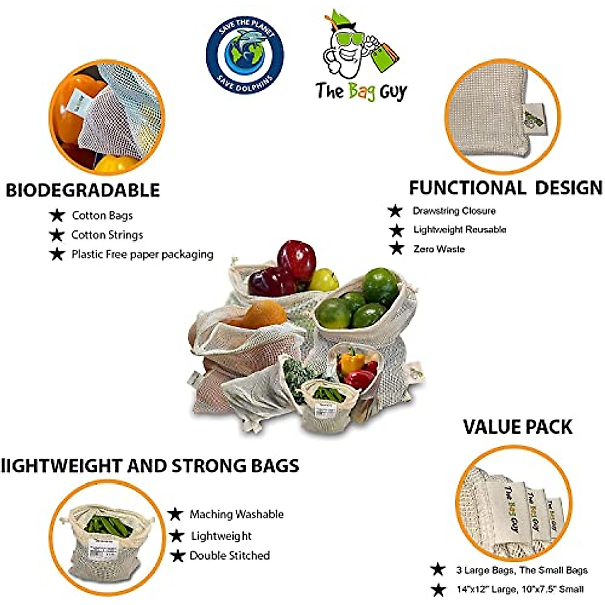 TheBagGuy - Organic Cotton Mesh Bags | Reusable Vegetable Produce Bags | Multipurpose Biodegradable Zero Waste Bag | Washable | Food Safe | Drawstring Closure | Quality Double Stitched (9 Pack)