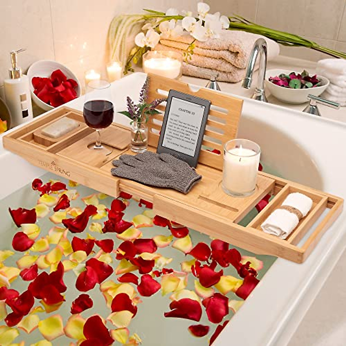 Temple Spring Bath Caddy - Extendable Bath Tray for Bathtub with Candle, Wine Glass, Book, iPad & Phone holders - Adjustable Bath Table shelf over tub with bathroom accessories - (Bamboo Natural Wood)
