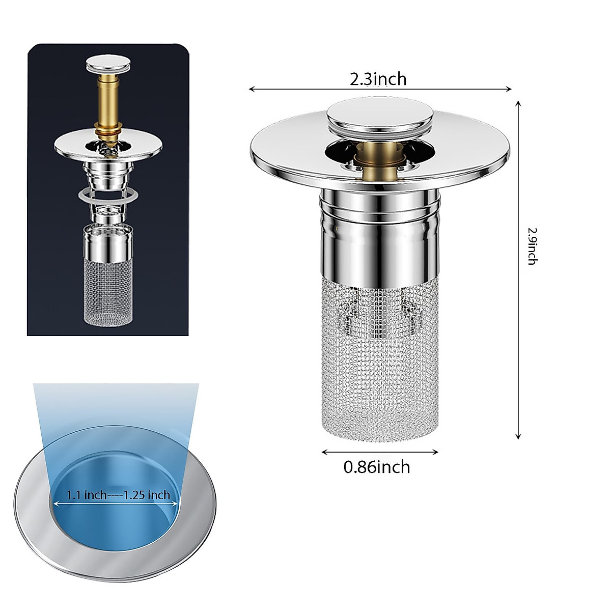 Yzikema 2Pcs Universal Bathroom Sink Stopper Replacement for 1.06-1.35 Inch, Pop Up Sink Drain Filter,with Removable Stainless Bathtub Stopper for US Bathroom Kitchen