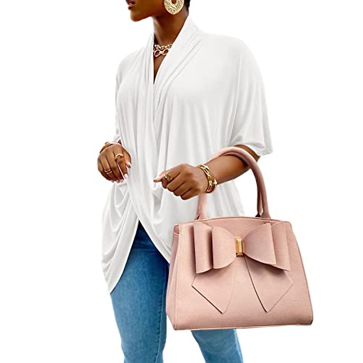 LYANER Women's Wrap V Neck Ruched Short Sleeve Split Hem Blouse Shirt Tunic Top White Large