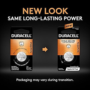 Duracell 2032 Lithium Battery. 1 Count Pack. Child Safety Features. Compatible with Apple AirTag, Key Fob, and other devices. CR2032 Battery Lithium Coin Battery. CR Lithium 3V Cell