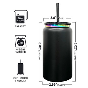 Glass Cups with Lids and Straws, 16 oz Stainless Steel Cups, Insulated Skinny Tumbler, Powder Coated Travel Mugs for Laser Engrave, Iced Coffee Cup for Smoothie Water DIY Gift (Black,1 pack)