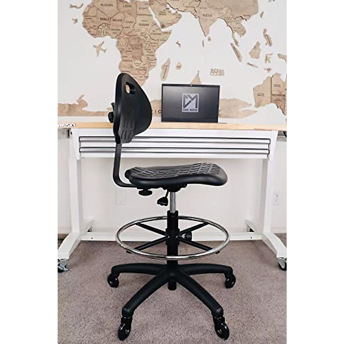 CHAIR MASTER (Tall Bench Stool, Rubber Roller Blade Stye Casters) Easy to Clean! Ergonomic Polyurethane Drafting Stool. Seat Height Range 24"-34". Home Office Lab Workstation.
