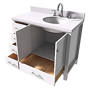 ARIEL Bathroom Vanity 43" Inch in White with Pure White Quartz Countertop, Right Offset Oval Sink 2 Soft Closing Doors and 5 Full Extension Dovetail Drawers, No Mirror
