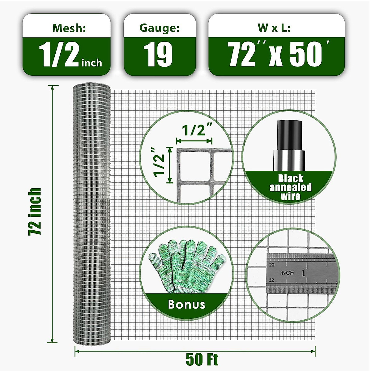 Nueve Deer Hardware Cloth 6 foot x 50 foot 1/2 inch Mesh 19 Gauge, Hot Dip Galvanized After Welding, Welded Wire Mesh Roll Chicken Wire Fencing Cage Wire Rodent Wire